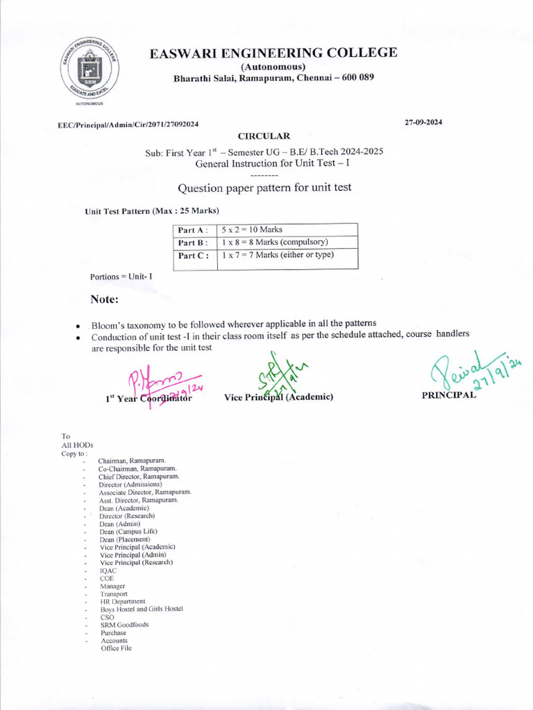 Circular - Unit Test 1 - 1st Year - 2024-2025 | PDF