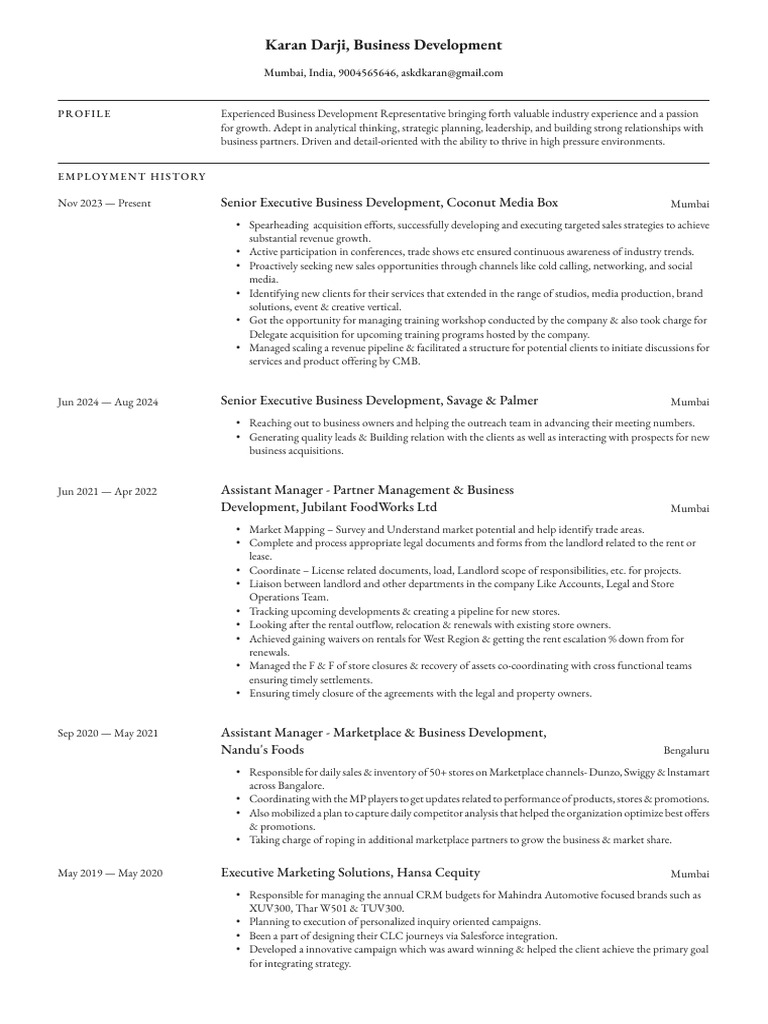 Karan Darji CV Business Development | PDF | Customer Relationship ...
