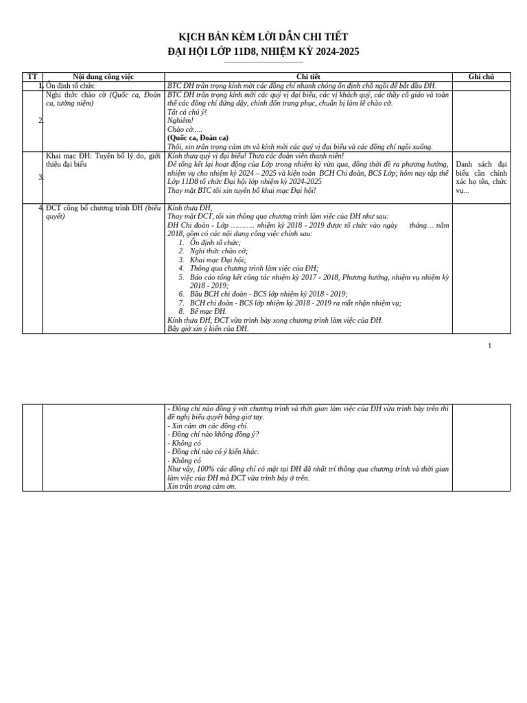 Kich Ban Kem Loi Dan Chi Tiet DH Chi Doan 2018 | PDF