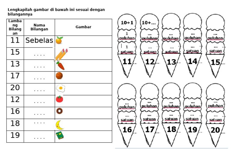 Lengkapi Gambar Bilangan 11-20 | PDF