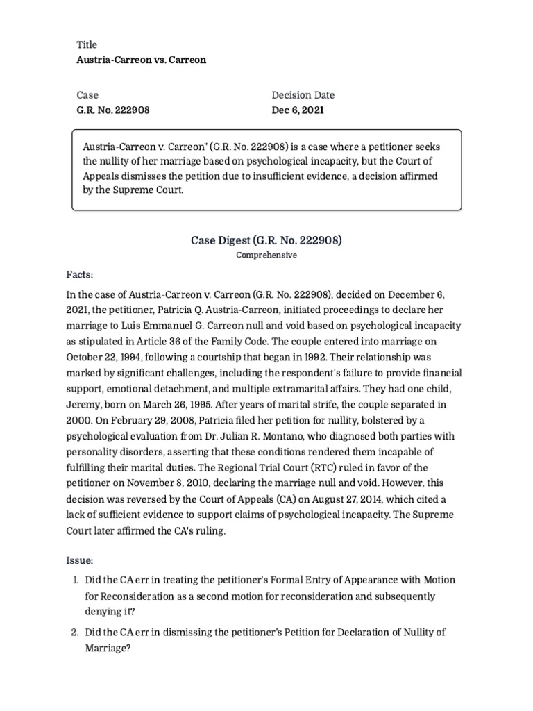 Case Digest - G.R. No. 222908 - Austria-Carreon vs. Carreon | PDF