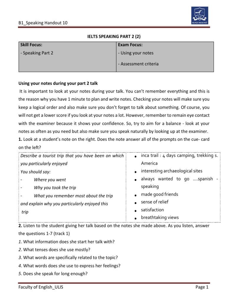 B1 Speaking Handout 10 Sts | PDF