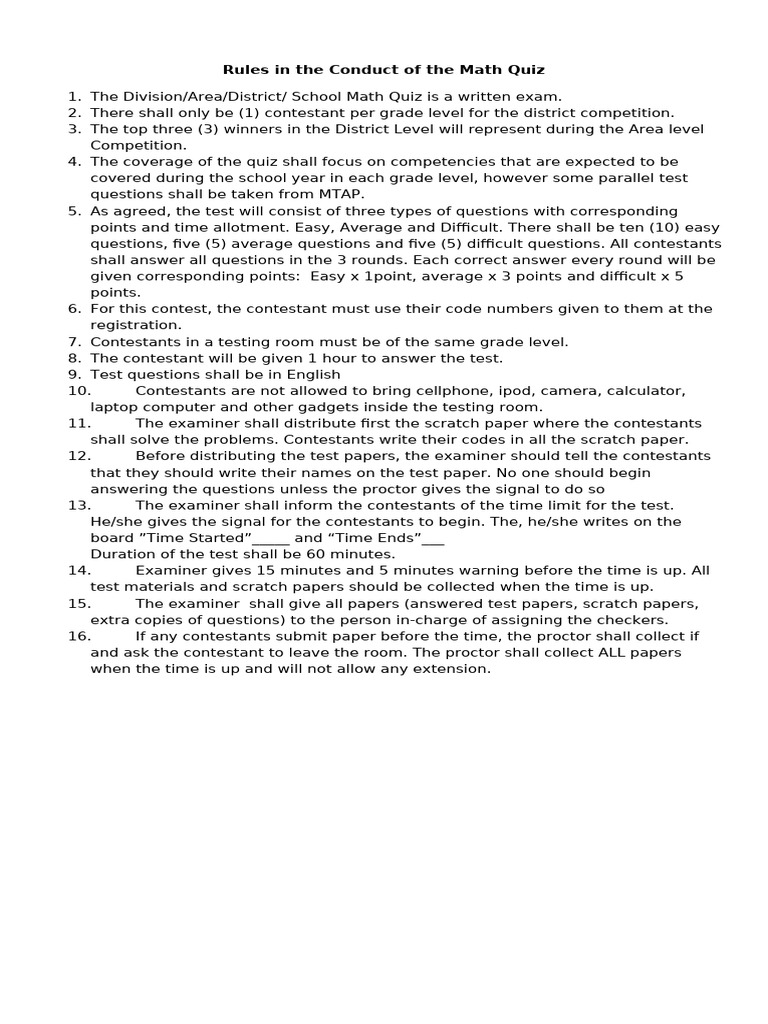 Rules in The Conduct of The District Math Quiz District Based | PDF ...