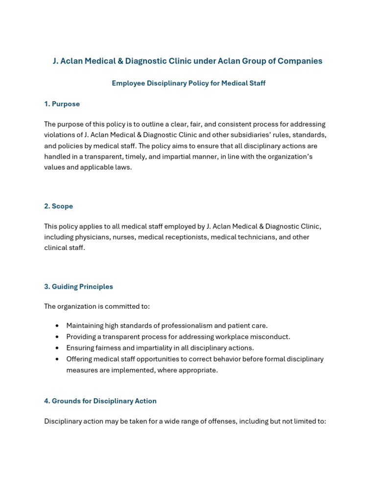 Employee Disciplinary Policy For Medical Staff | PDF