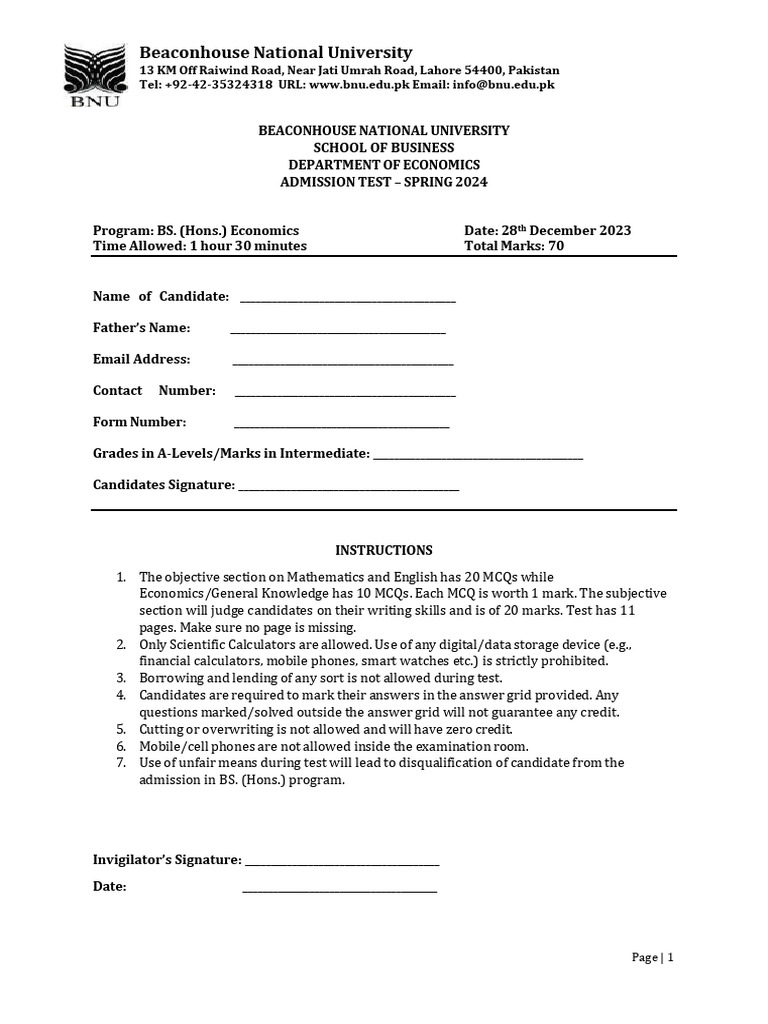 Admission Test SPRING 2024 | PDF