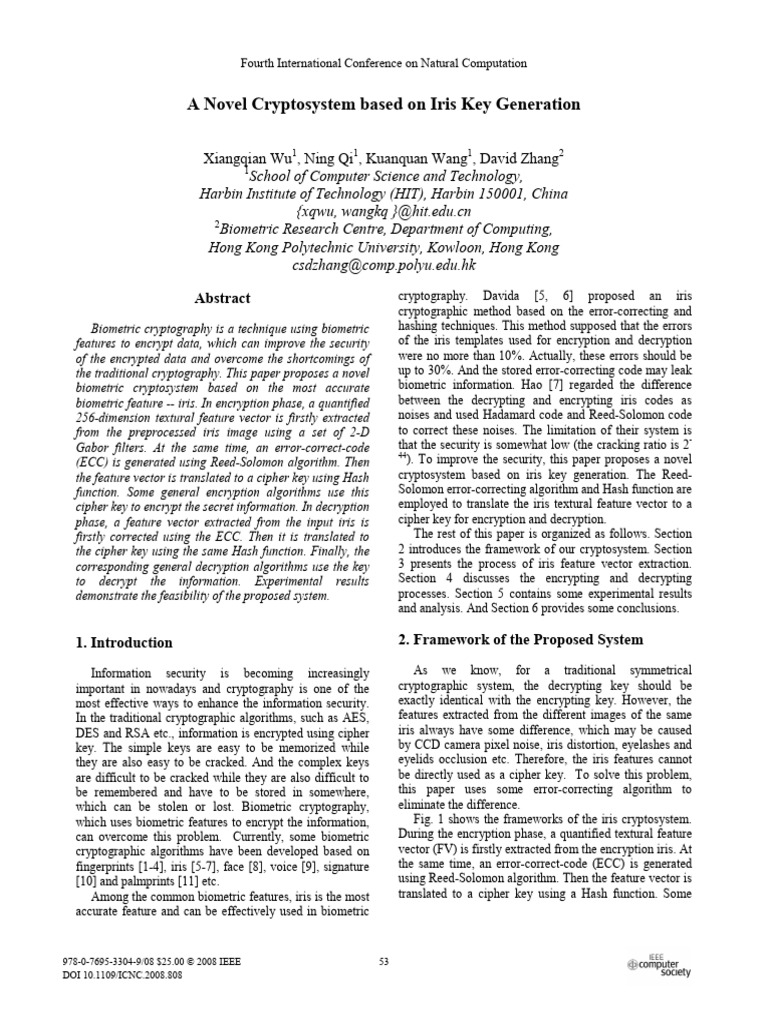 A Novel Cryptosystem Based On Iris Key Generation | PDF