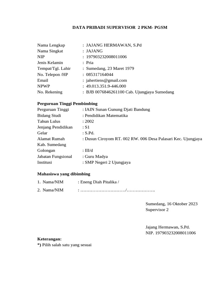 Form Data Pribadi Supervisor 2 PKM-PGSM | PDF