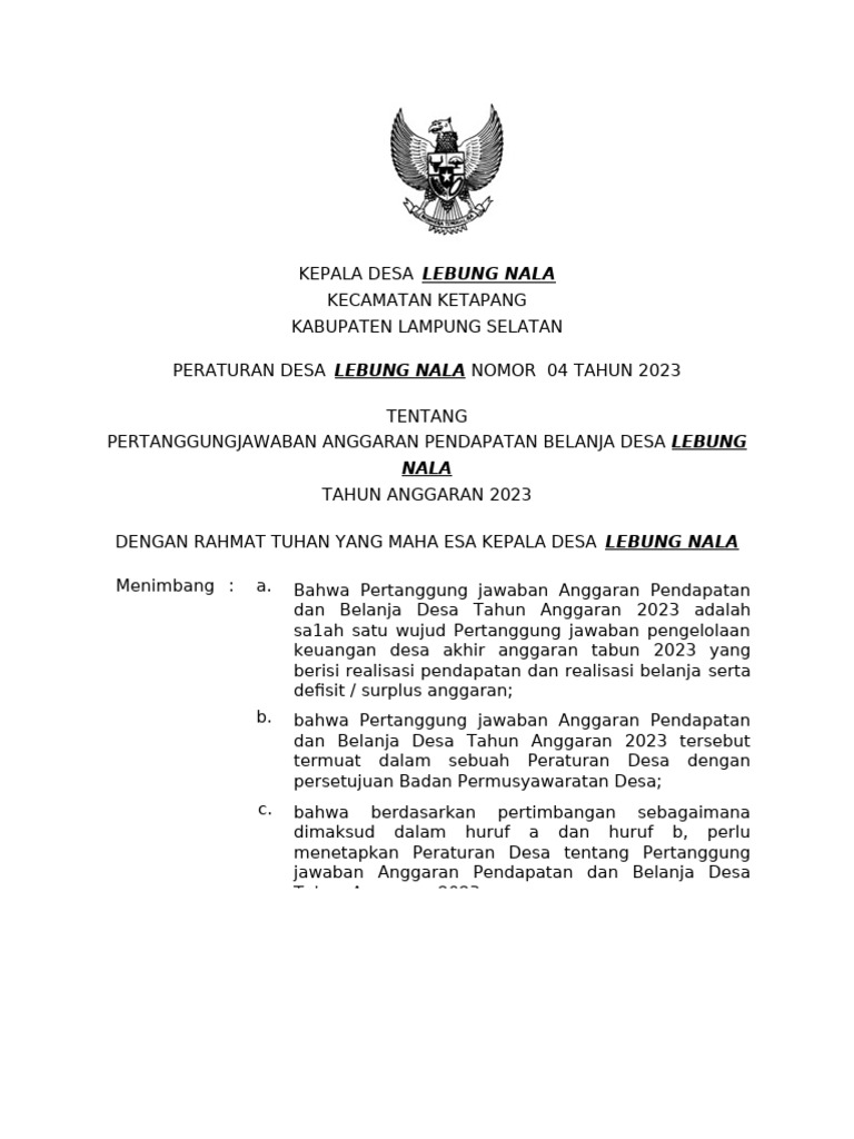 Perdes Laporan Pertanggungjawaban Apbdes Lebung Nala | PDF
