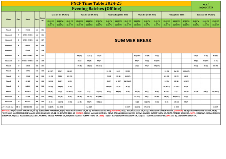 PNCF Evening Time Table (01-07-24 To 06-07-24) | PDF