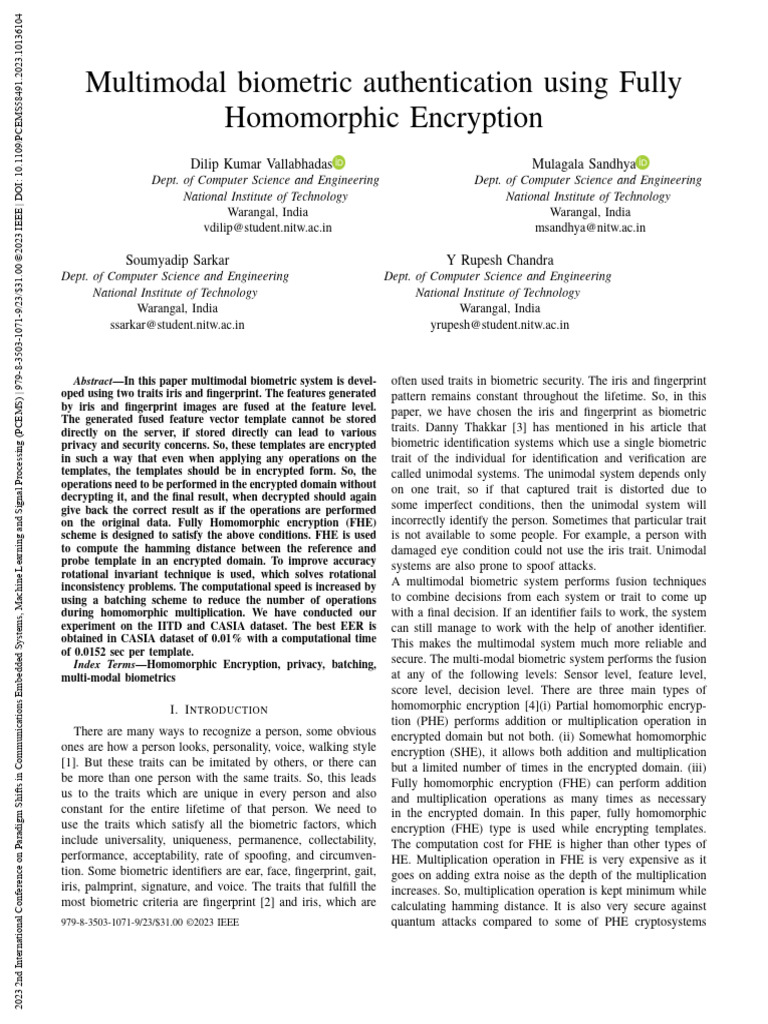 Multimodal Biometric Authentication Using Fully Homomorphic Encryption