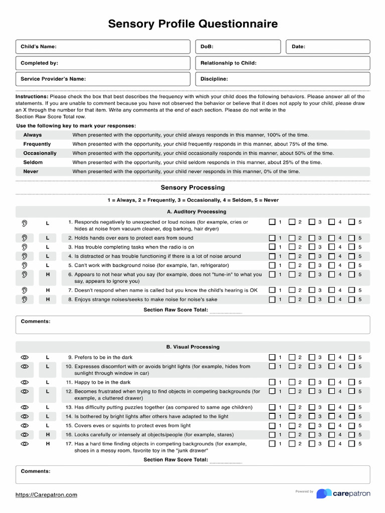 6477d0689b59316b27509dd9 - Sensory Profile Questionnaire Template | PDF