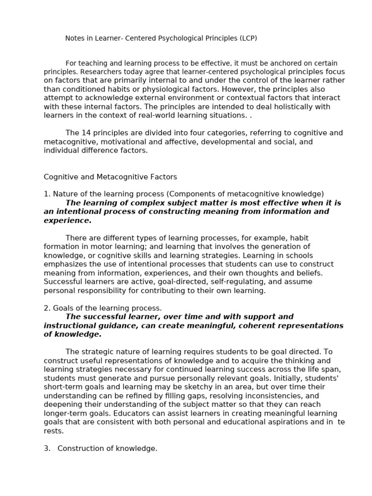 Learner Centered Psychological Principles Student | PDF