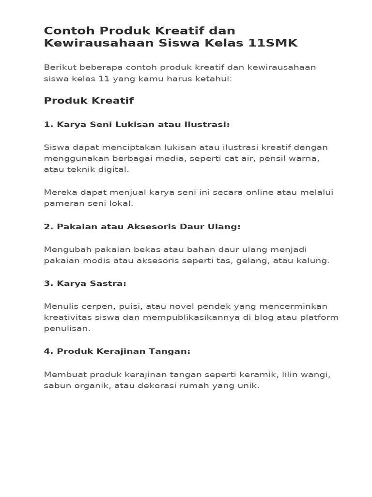Contoh Produk Kreatif Dan Kewira Usahaan Untuk SMK | PDF