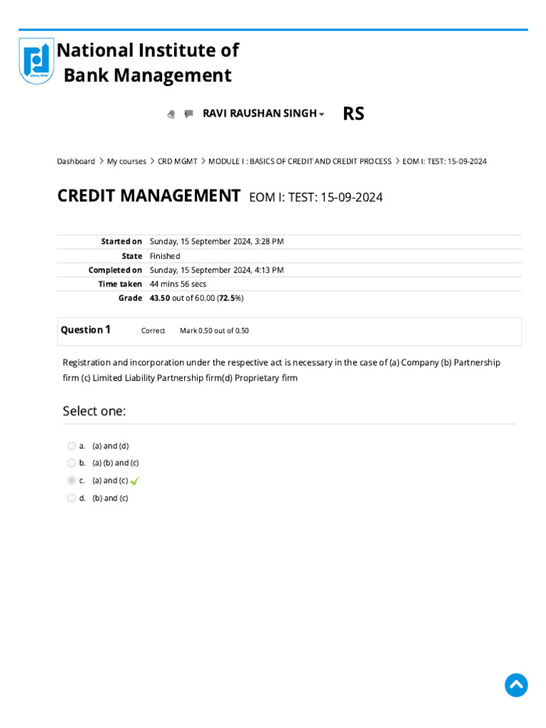 NIBM Credit Management EOM I Test Results | PDF | Finance & Money ...