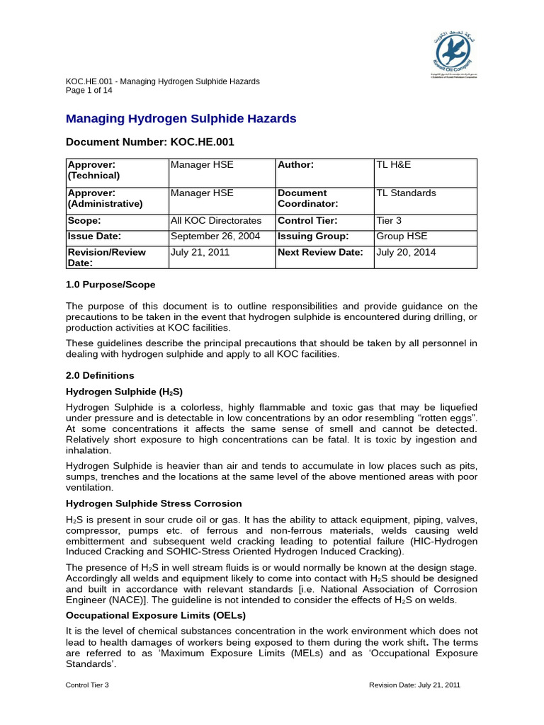 KOC - HE.001 - Managing Hydrogen Sulphide Hazards | PDF