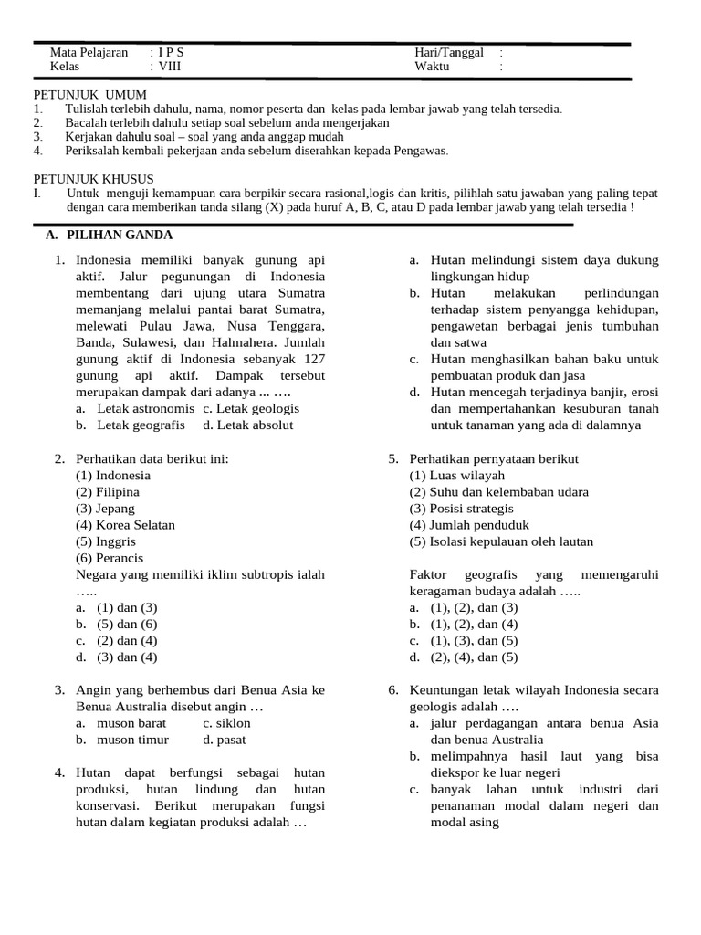 Soal PTS Ips Kelas 8 Semester 1. | PDF