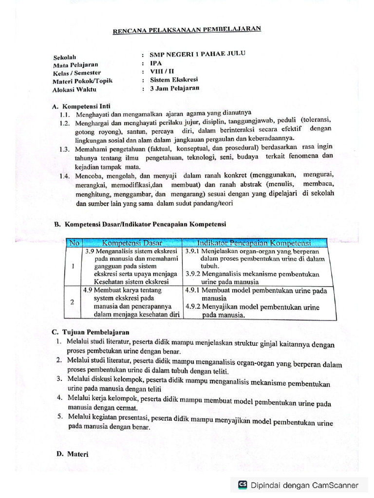 RPP Ipa Sistem Ekskresi | PDF
