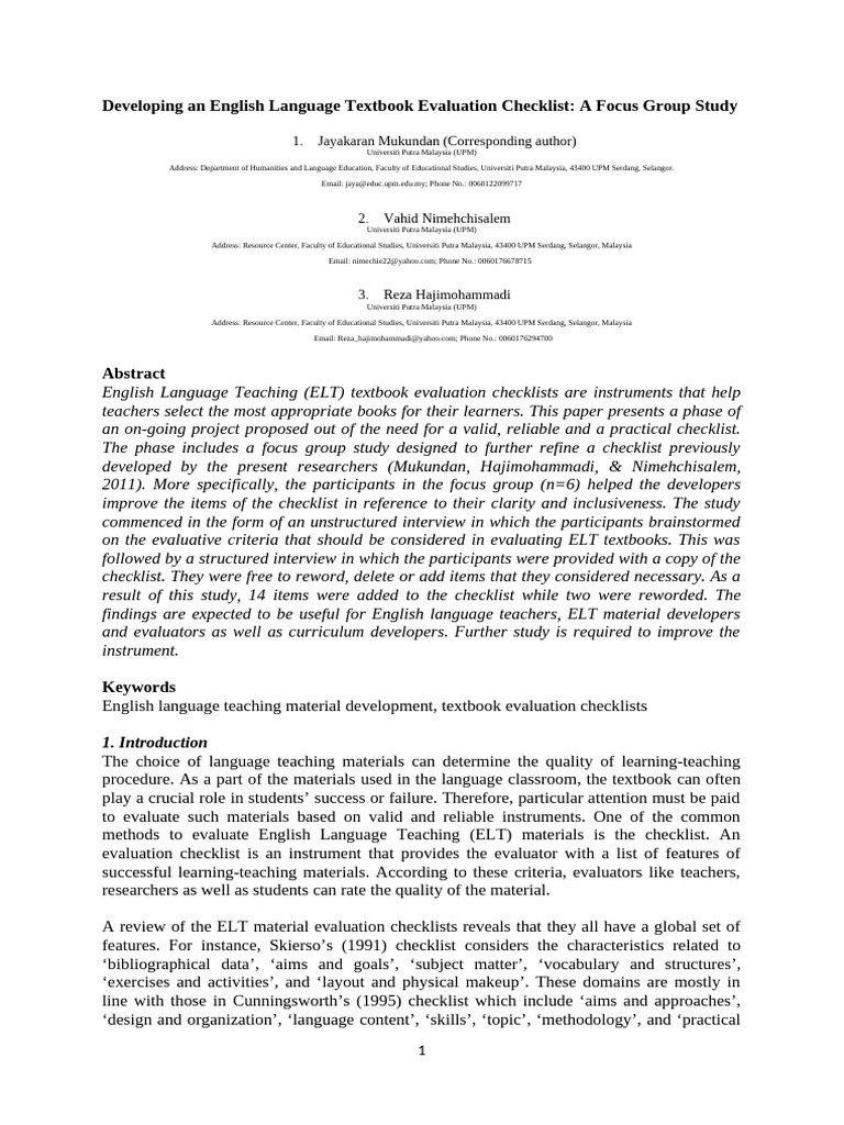 Developing An English Language Textbook Evaluation Checklist A Focus