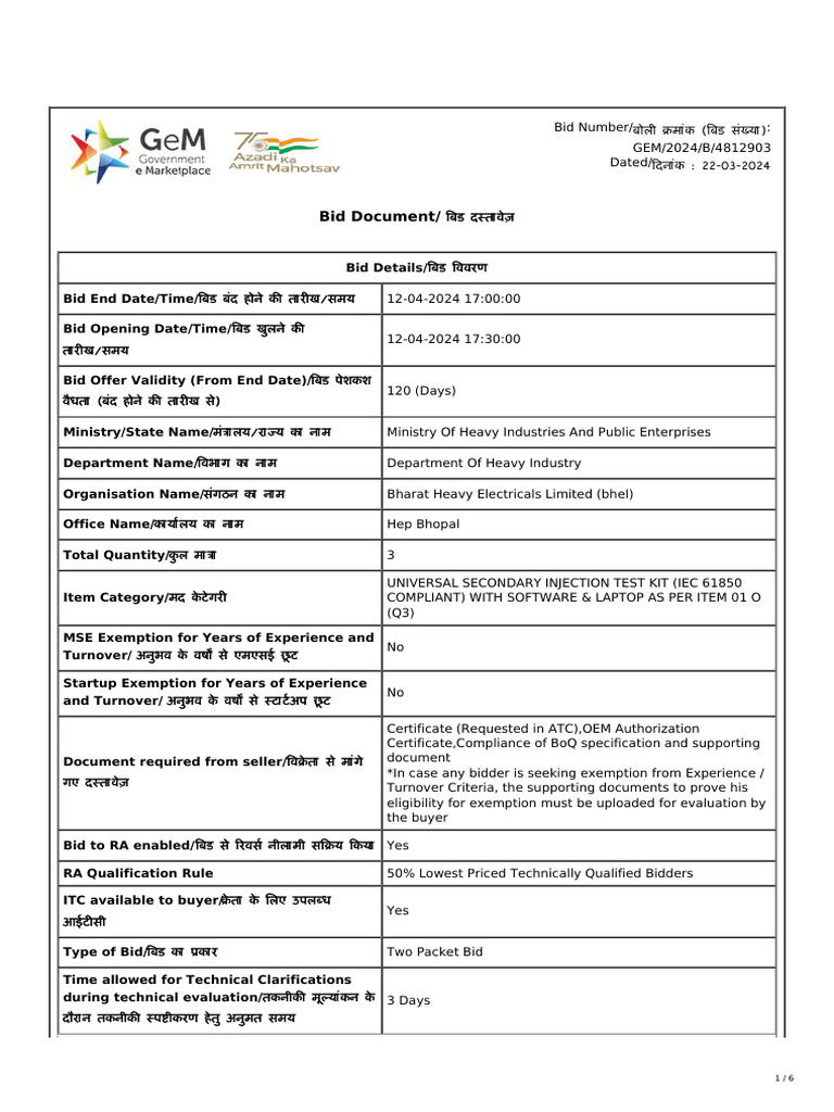 GeM Bidding 6258180 | PDF