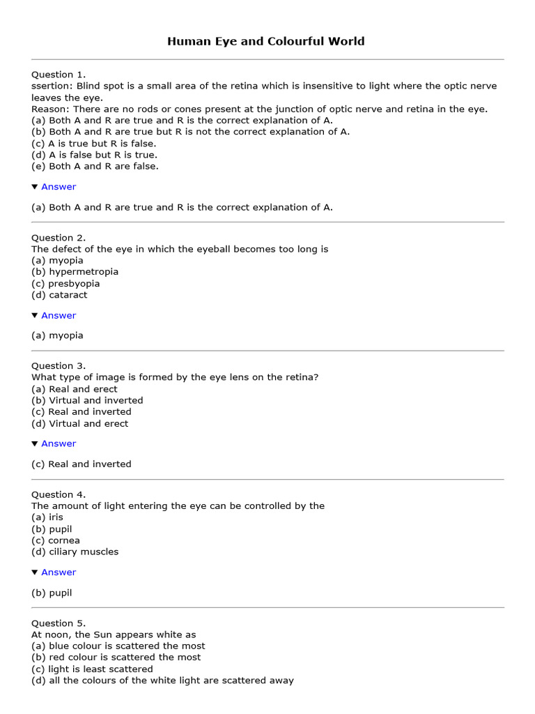 Human Eye and Colourful World: Answer | PDF