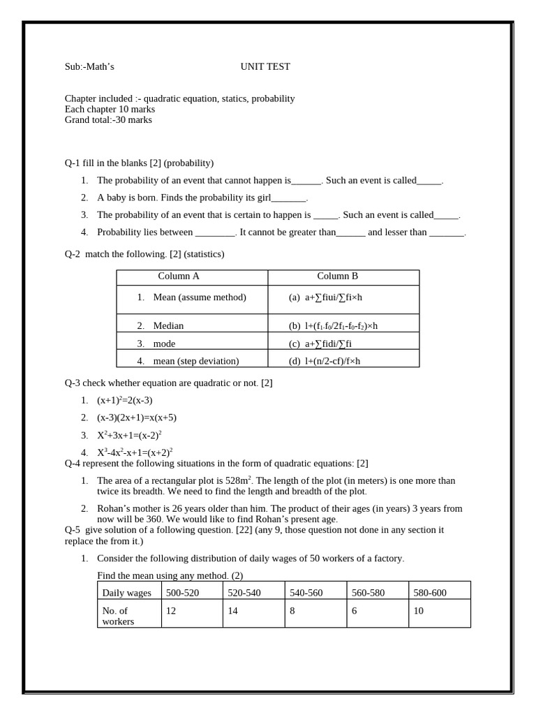 Maths Unit Test-1 | PDF
