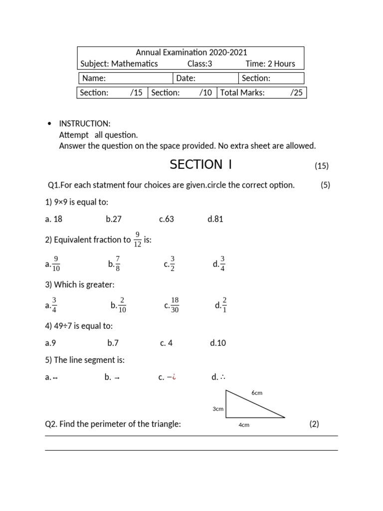 Class 3 Math Paper | PDF