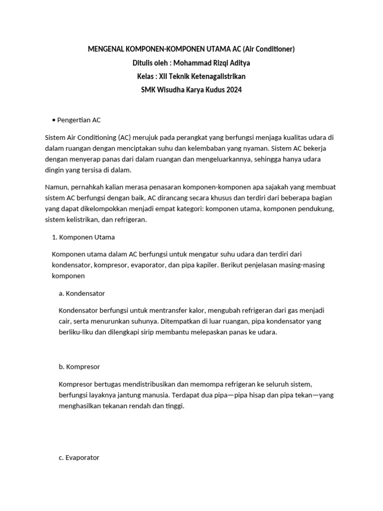 Mengenal Komponen-Komponen Utama AC (Air Conditioner) | PDF