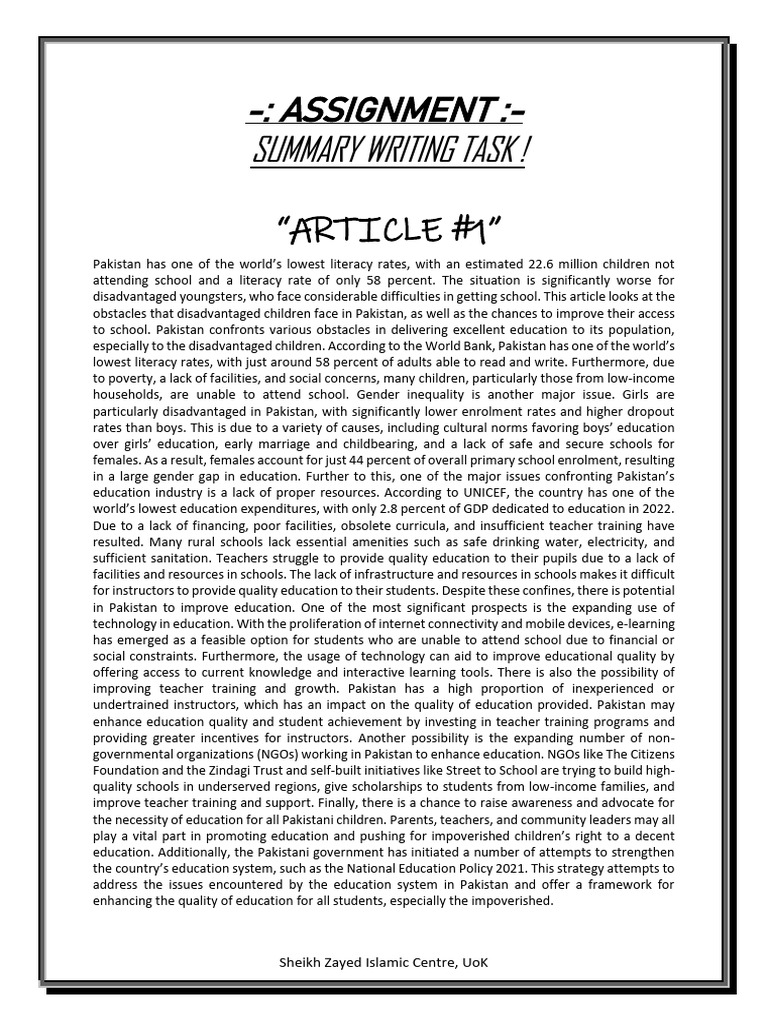 Assignment of Summary Witting Task 2 | PDF | Cost Of Living | Literacy