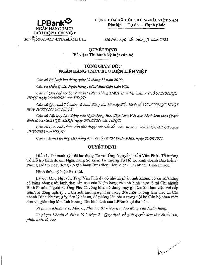 QD-12849 Thi Hanh Ky Luat Can Bo Ong Nguyen Tran Van Phu - CN Binh Phuoc | PDF