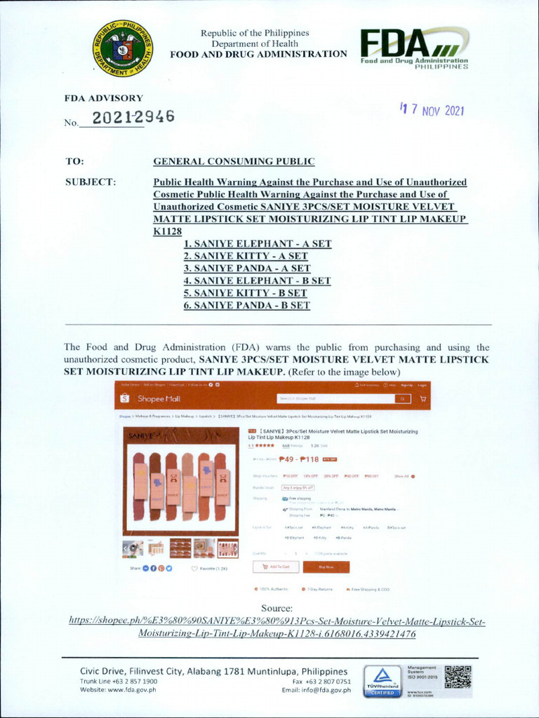 FDA Advisory No.2021 2946 | PDF