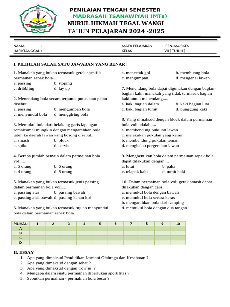 PTS MTS Penjaskes | PDF