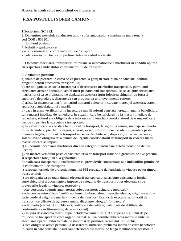 Fisa Postului Sofer Camion SC SRL | PDF | Romania