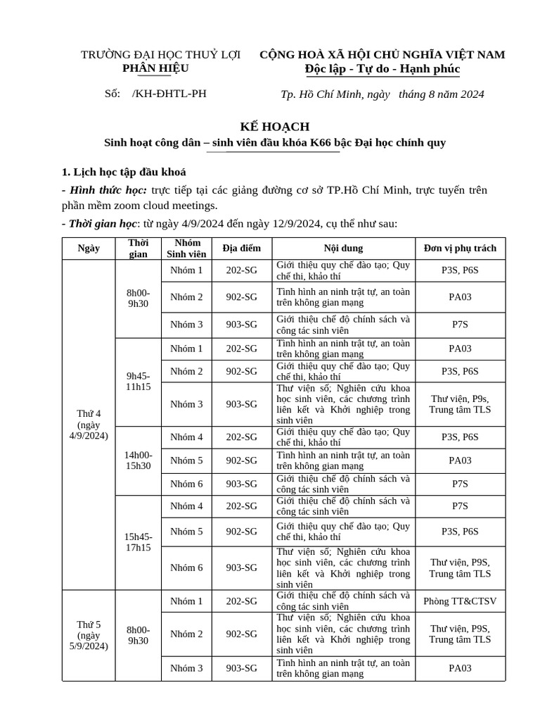 Lich Hoc Dau Khoa k66 | PDF