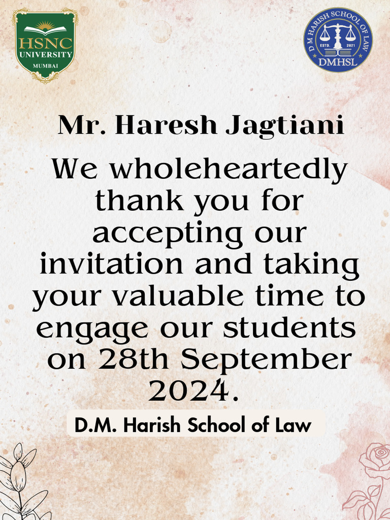Mr. Haresh Jagtiani - Thankyou Card PDF | PDF