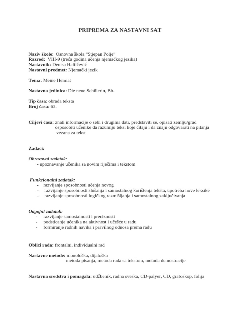 PRIPREMA ZA NASTAVNI SAT - Die Neue Schuelerin, Bb. | PDF