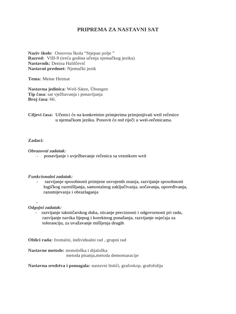 PRIPREMA ZA NASTAVNI SAT - Weil-Saetze, Uebungen. | PDF