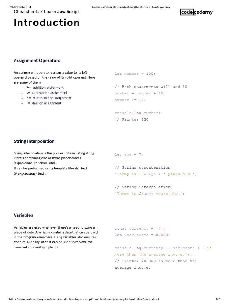 JavaScript - Introduction Cheatsheet | PDF