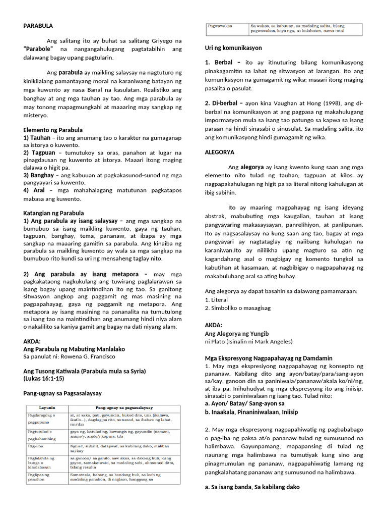 Filipino 10 Unang Kwarter Notes | PDF