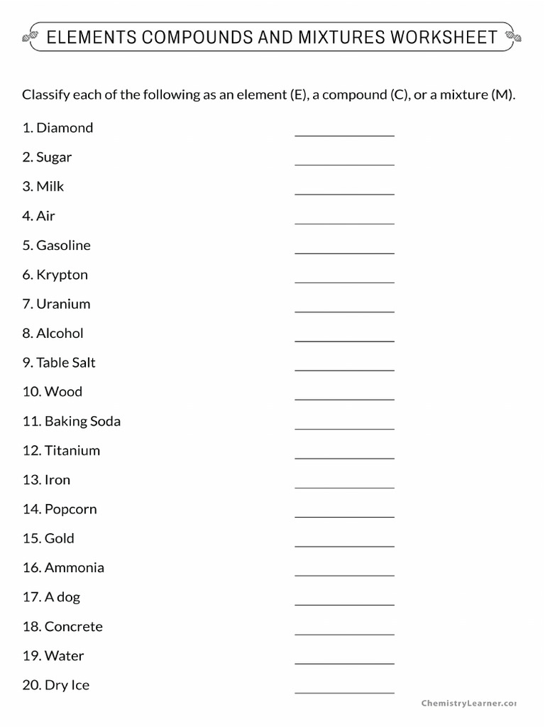 Elements Compounds and Mixtures Worksheet | PDF