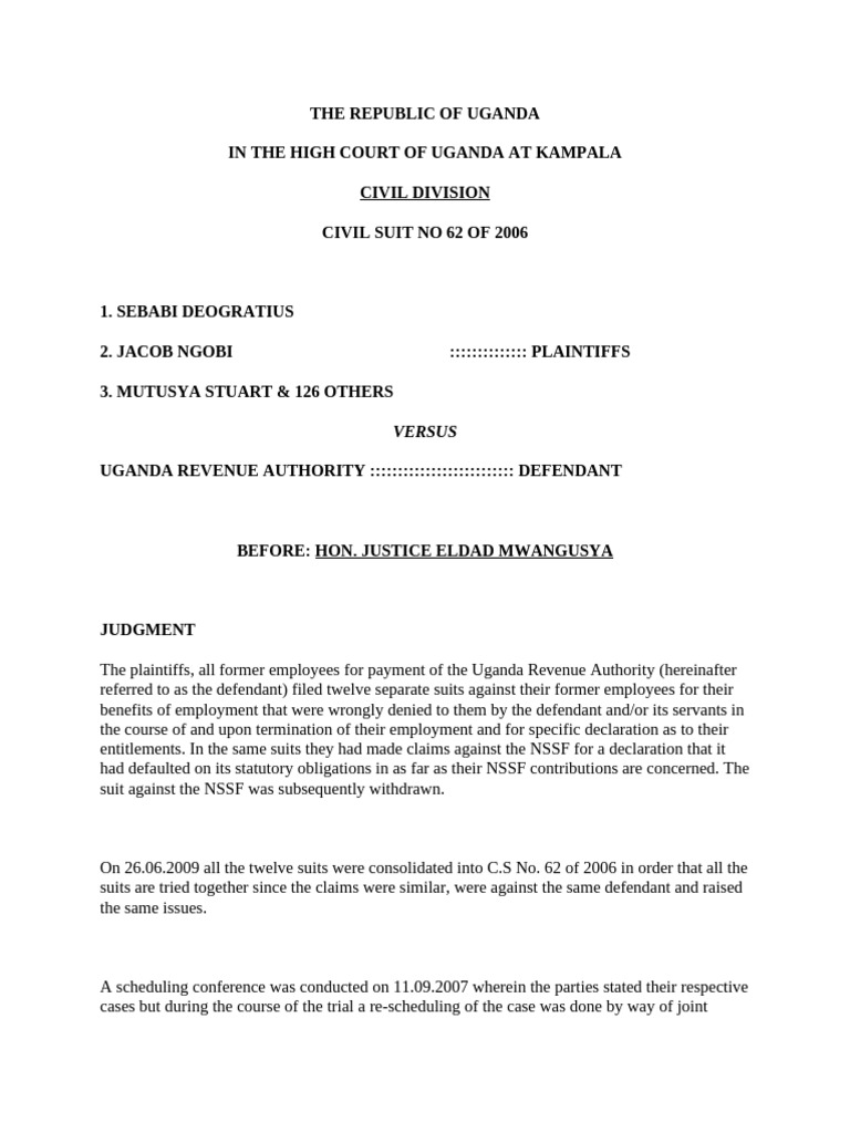 Sebabi Ors V Uganda Revenue Authority (Civil Suit No 62 of 2006) 2013 ...