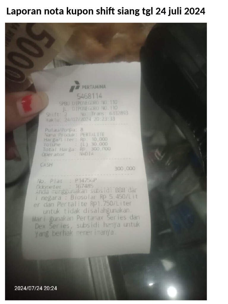 Laporan Nota Kupon Shift Siang TGL 24 Juli 2024 | PDF