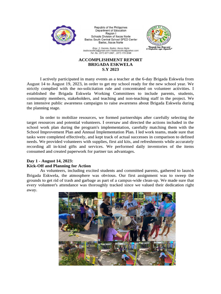 Accomplishment Report Brigada Eskwela 2023 | PDF