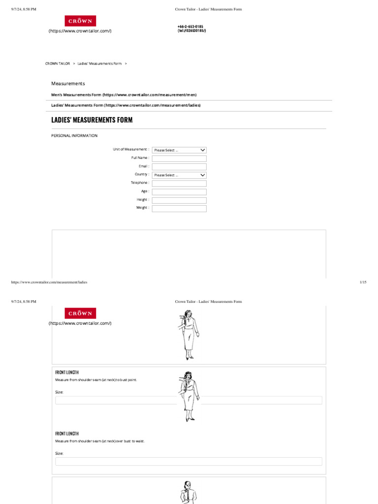 Crown Tailor - Ladies' Measurements Form | PDF