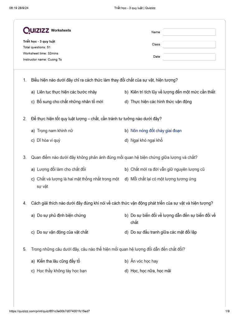 Worksheets: Triết học - 3 quy luật | PDF