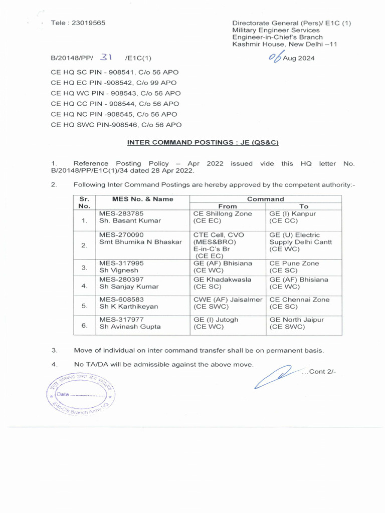 Inter Command Postings Je (QS&C) DT 06 Aug 2024 | PDF