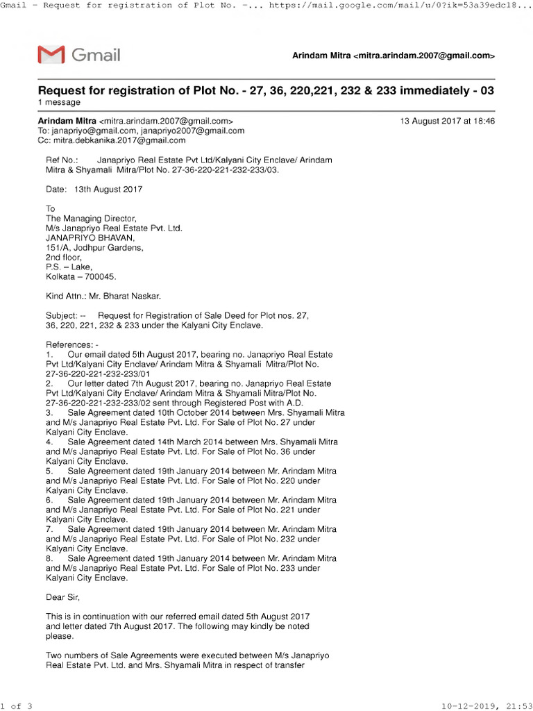 Annexure-J - Email DT 13-08-2017 - Request For Registration of 6 Plots | PDF | Cheque | Private Law