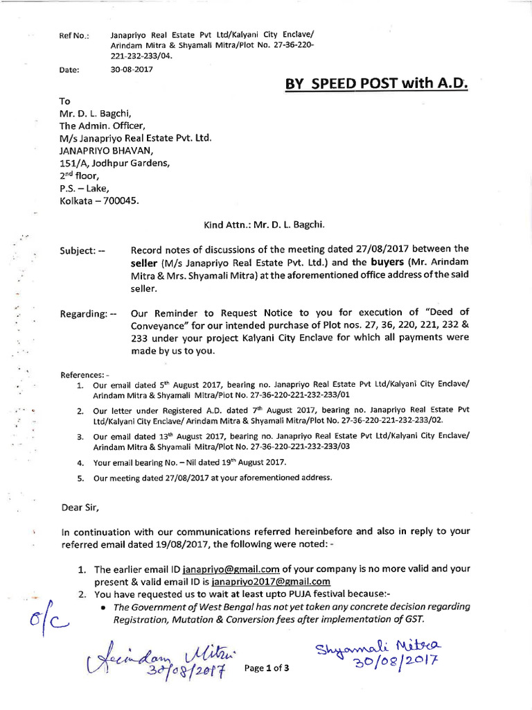 Annexure-L - LTR No 4 DT 30-08-2017 Speed Post AD | PDF