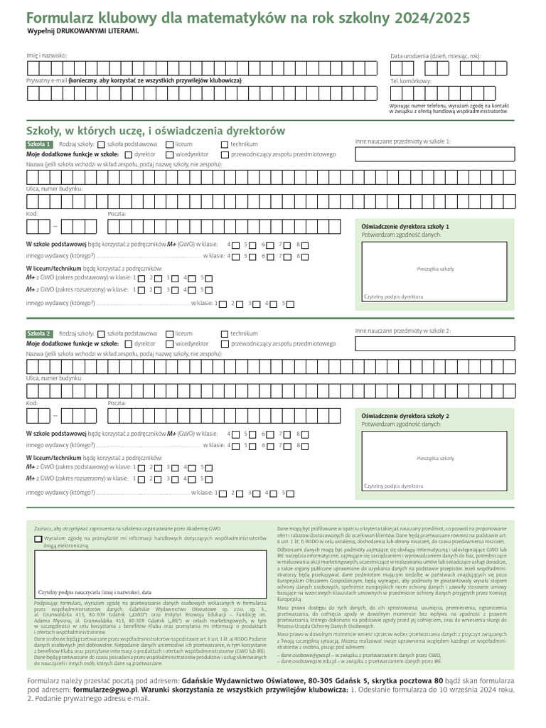 Formularz Klub M 2024 - 2025 | PDF
