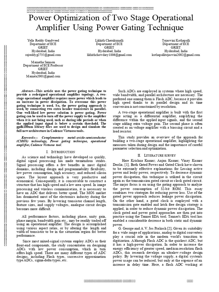Power Optimization of Two Stage Operational Amplifier Using Power Gating Technique | PDF