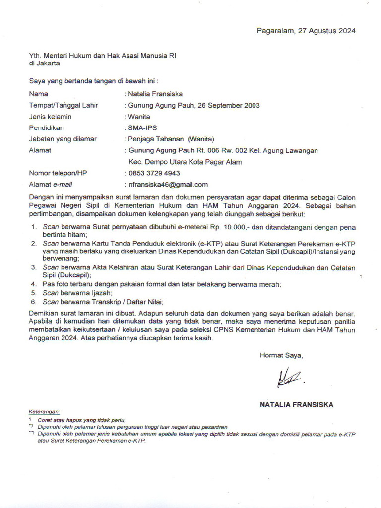 Lamaran Natalia Fransiska | PDF